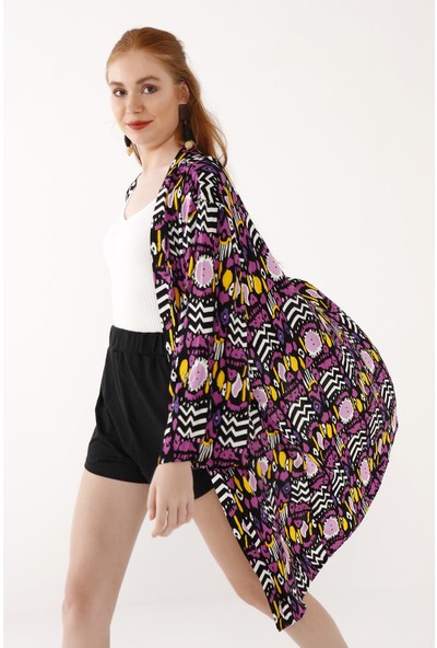 Yoncaekspres Yazlık Renkli Kimono 3287 Siyah-Mor