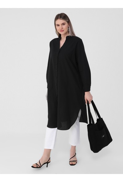 Büyük Beden Boydan Düğmeli Gömlek Tunik - Siyah - Alia