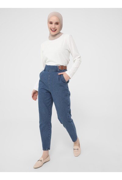 Doğal Kumaşlı Kemerli Kot Pantolon - Indigo - Refka Casual Doğal Kumaşlı Kemerli Kot Pantolon - Indigo - Refka Casual