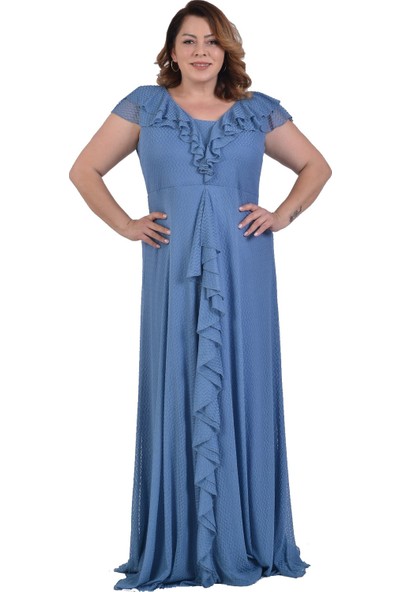 Lilas Xxl Büyük Beden Indigol Renkli Petek Tül Fırfırlı Elbise