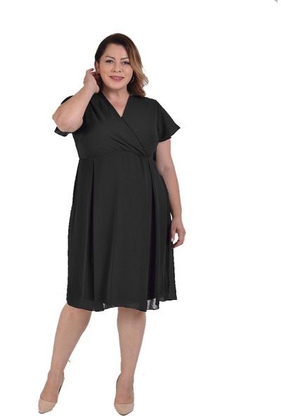 Lilas Xxl Büyük Beden Kısa Kollu Kruvaze Siyah Renkli Abiye Elbise