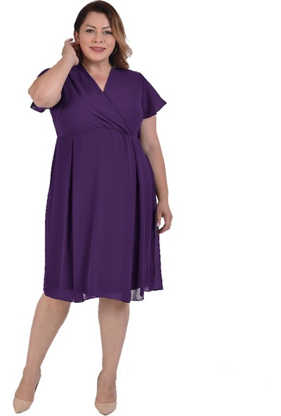 Lilas Xxl Büyük Beden Kısa Kollu Kruvaze Mor Renkli Abiye Elbise