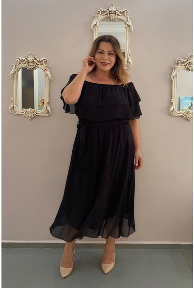 Lilas Xxl Büyük Beden Omuz Detaylı Siyah Renkli Şifon Elbise