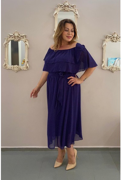 Lilas Xxl Büyük Beden Omuz Detaylı Mor Renkli Şifon Elbise Lilas Xxl Büyük Beden Omuz Detaylı Mor Renkli Şifon Elbise