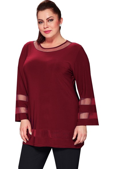 Lilas Xxl Büyük Beden Koyu Kırmızı Renkli Likralı Tül Detaylı Tunik