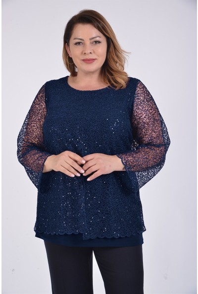 Lilas Xxl Büyük Beden Lacivert Renkli Pullu Dantel Bluz Lilas Xxl Büyük Beden Lacivert Renkli Pullu Dantel Bluz