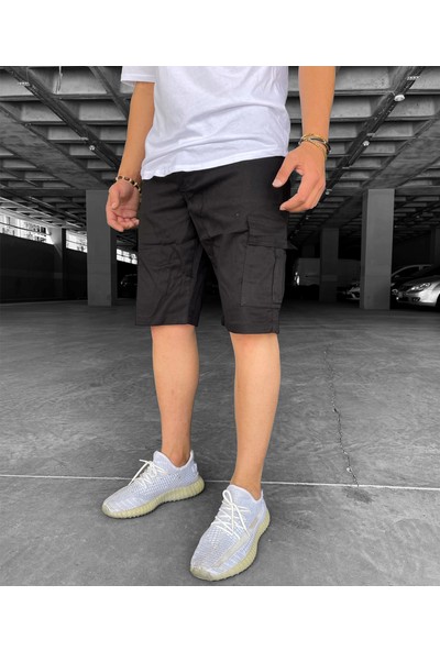 Ohepmoda Dar Kesim Gabardin Kumaş Kargo Cep Erkek Bermuda Şort Siyah