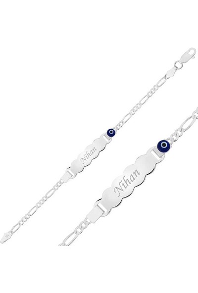 Gumush Gümüş Mavi Boncuklu Plaka Çocuk Bileklik