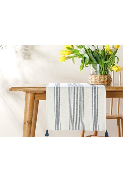 English Home Nola Pamuk Püsküllü Runner 40X150 cm Lacivert - Krem English Home Nola Pamuk Püsküllü Runner 40X150 cm Lacivert - Krem