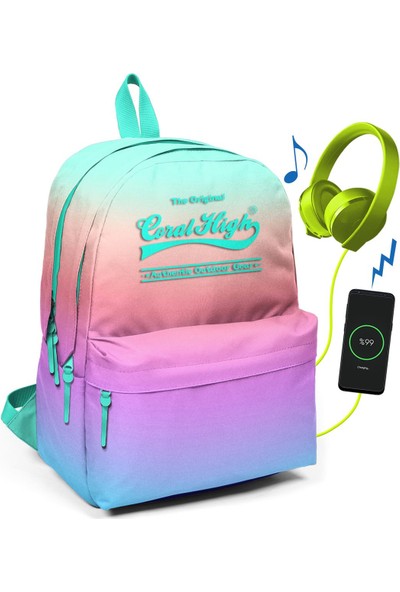 Coral High Su Yeşili Pembe Degradeli Üç Bölmeli USB Şarjlı Kulaklık Çıkışlı Sırt Çantası 23426 Coral High Su Yeşili Pembe Degradeli Üç Bölmeli USB Şarjlı Kulaklık Çıkışlı Sırt Çantası 23426