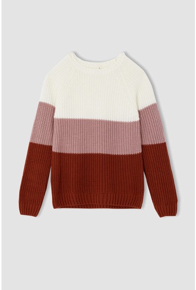 Defacto Kız Çocuk Regular Fit Renk Bloklu Triko Kazak N8562A621AU