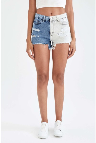 Defacto Renk Bloklu Yüksek Bel Yırtık Detaylı Jean Mini Şort V7992AZ21HS