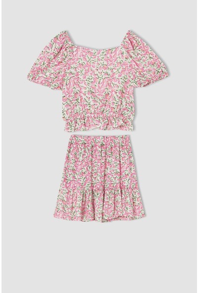 Defacto Kız Çocuk Çiçekli Kısa Kollu Bluz Ve Etek Takımı V7771A621HS
