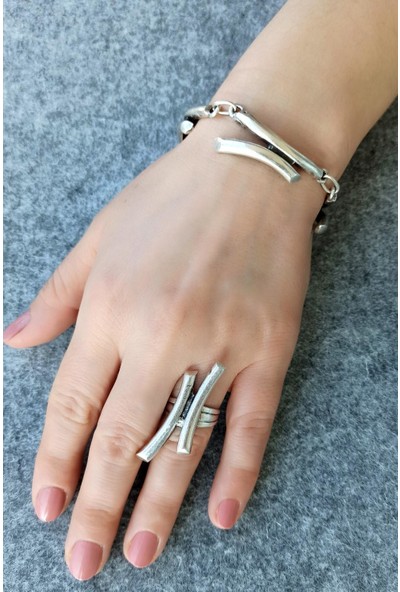 Fildişi Aksesuar Antik Gümüş Kaplama Çubuklar Şekilli El Yapımı Ayarlanabilir Yüzük ve Bileklik Seti Fildişi Aksesuar Antik Gümüş Kaplama Çubuklar Şekilli El Yapımı Ayarlanabilir Yüzük ve Bileklik Seti