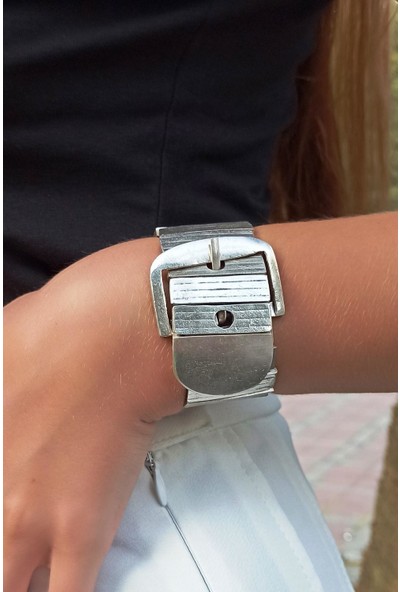 Fildişi Aksesuar Antik Gümüş Kaplama Kemer Tokası Şekilli El Yapımı Ayarlanabilir Bileklik