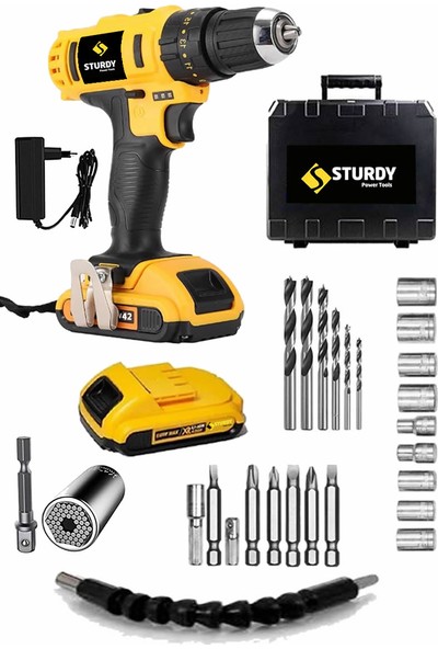Sturdy 42V 5AH Lıon Çift Akülü Soketli Turbo Şarjlı Matkap 27 Parça Uç Setli Sturdy 42V 5AH Lıon Çift Akülü Soketli Turbo Şarjlı Matkap 27 Parça Uç Setli