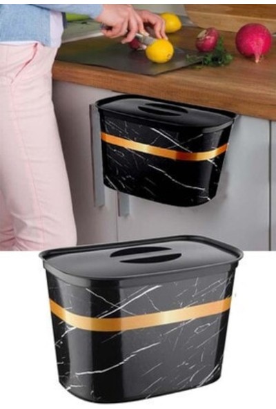 Ck House Siyah Mermer Desenli Askılı Çöp Kovası Kapaklı Mermer Desenli Dolap Kapağına Asılır 6 Lt