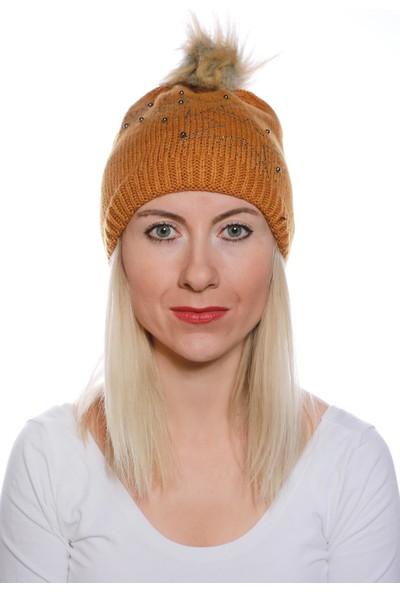 Mykonsept Lüx Ponponlu Bayan Taşlı Bere Taba