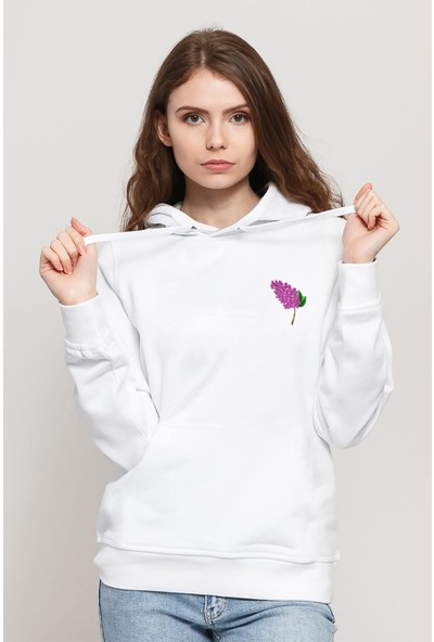 Qivi Pembe Çiçekler Leylak Çiçeği Baskılı Kadın Örme Kapüşonlu Beyaz Sweatshirt Uzun Kol