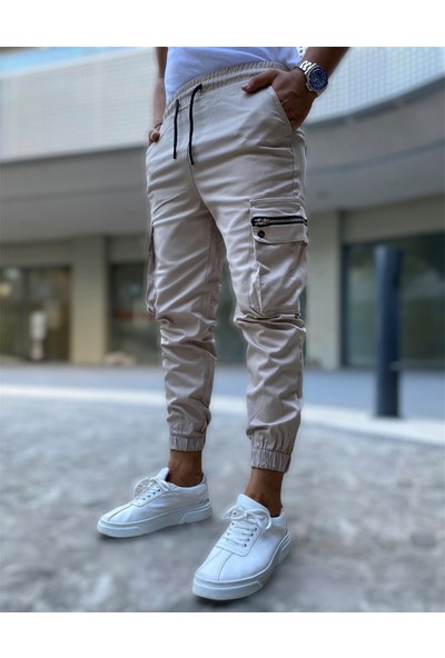 Ohepmoda Dar Kesim Metal Fermuarlı Erkek Kargo Cep Pantolon Krem Ohepmoda Dar Kesim Metal Fermuarlı Erkek Kargo Cep Pantolon Krem