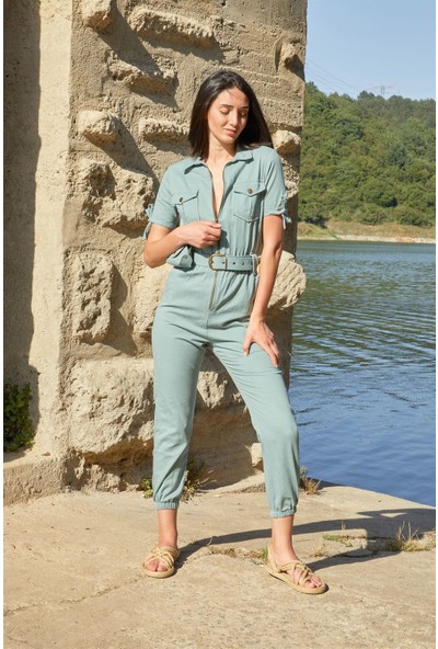 Bombar She Kemerli Fermuarlı Kısa Kol Tulum