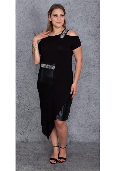 Kısmet Sepeti Kadın Büyük Beden Siyah Asimetrik Kesim Deri Detaylı Penye Elb...