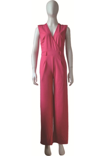 Gogoo Yüksek Bel V Yaka Geniş Paçalı Tulum (Yurt Dışı)