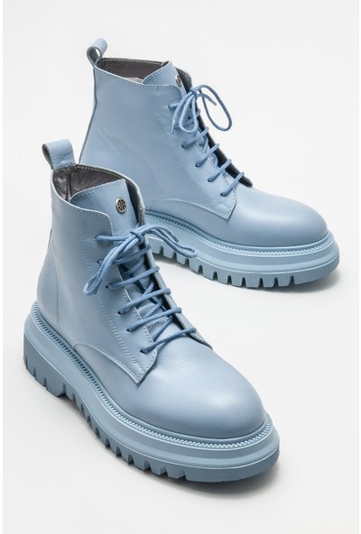 Elle Mavi Deri Kadın Günlük Düz Bot