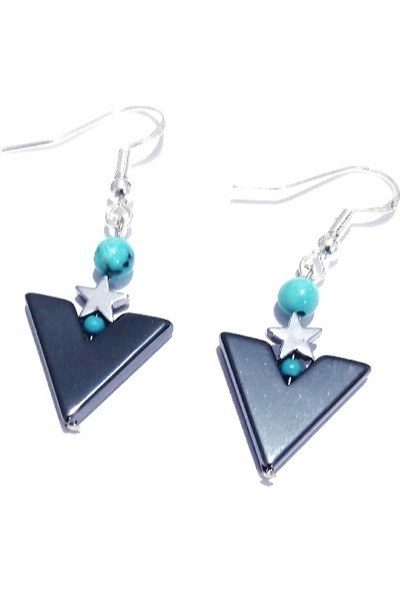 Funny Takı Gümüş Klipsli Yıldızlı Hematit ve Turkuaz Taşlı Küpe
