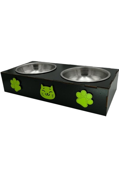 Petinka Ahşap Iki Gözlü Köpek Mama ve Su Kabı Siyah Renk