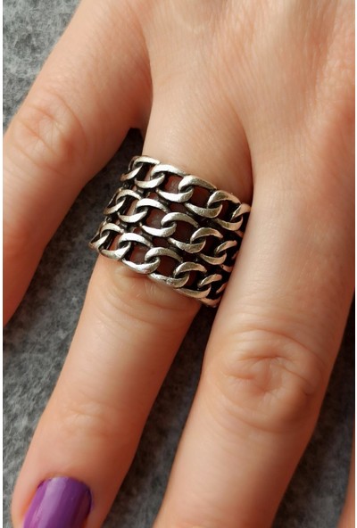 Fildişi Aksesuar Antik Gümüş Kaplama 3 Sıralı Zincir Şekilli El Yapımı Ayarlanabilir Yüzük