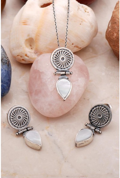 Sümer Telkari Sedef Taşlı Elişi Tasarım Gümüş Set