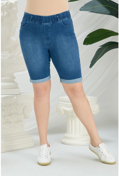 Rmg Beli Lastikli Büyük Beden Mavi Kot Şort