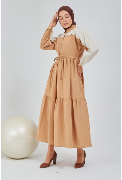 Meqlife Şerit Detaylı Elbise - Camel