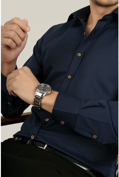 Etikmen Lacivert Kahve Düğmeli Slimfit Gömlek