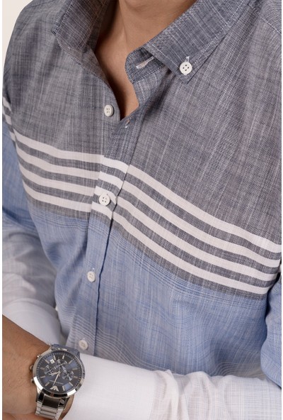 Etikmen Panolu Gri Mavi Slimfit Keten Gömlek