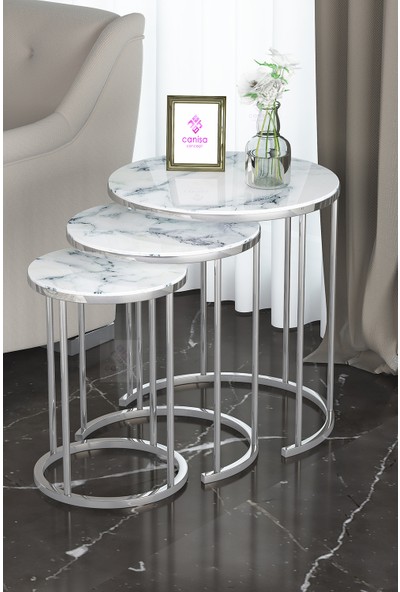 Canisa Concept Canisa Ayça Serisi -Temperli Cam 3 Lü Zigon Sehpa Takımı Beyaz Mermer Desen / Gümüş Canisa Concept Canisa Ayça Serisi -Temperli Cam 3 Lü Zigon Sehpa Takımı Beyaz Mermer Desen / Gümüş