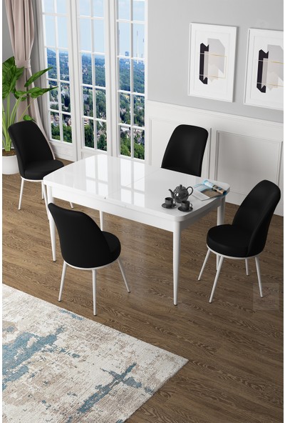 Canisa Concept Canisa Zen Serisi Mdf Açılabilir Beyaz Mutfak Masası Takımı+4 Siyah Sandalye
