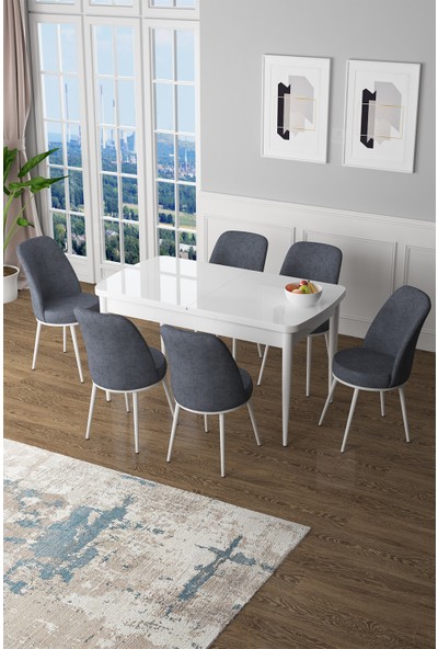 Canisa Concept Canisa Zen Serisi Mdf Açılabilir Beyaz Mutfak Masası Takımı+6 Füme Sandalye Canisa Concept Canisa Zen Serisi Mdf Açılabilir Beyaz Mutfak Masası Takımı+6 Füme Sandalye