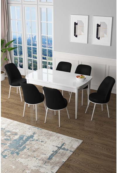 Canisa Concept Canisa Zen Serisi Mdf Açılabilir Beyaz Mutfak Masası Takımı+6 Siyah Sandalye