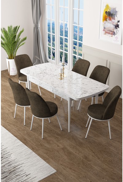 Canisa Concept Canisa Zen Serisi Mdf Açılabilir Beyaz Mermer Desenli Mutfak Masası Takımı+6 Kahverengi Sandalye Canisa Concept Canisa Zen Serisi Mdf Açılabilir Beyaz Mermer Desenli Mutfak Masası Takımı+6 Kahverengi Sandalye