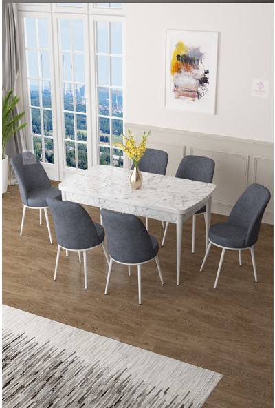 Canisa Concept Canisa Zen Serisi Mdf Açılabilir Beyaz Mermer Desenli Mutfak Masası Takımı+6 Füme Sandalye Canisa Concept Canisa Zen Serisi Mdf Açılabilir Beyaz Mermer Desenli Mutfak Masası Takımı+6 Füme Sandalye