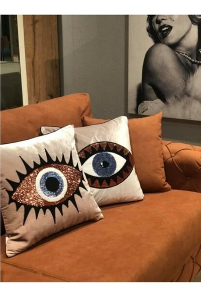 Ge Living Ikili Set Bej Kadife Bronz Içi Mavi Göz Işlemeli Yastık Kılıfı