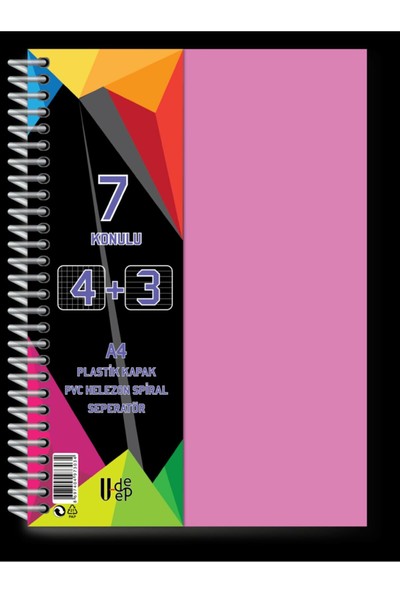 U-Deep A4 Büyük Boy Ayraçlı Spiralli Plastik Kapaklı Defter 4 Kareli + 3 Çizgili