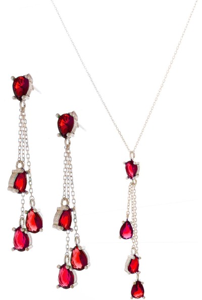 Çağrı Gümüş Kırmızı Lal Taşlı Püsküllü Otantik 925 Ayar Gümüş Zincirli Ikili Set Takı