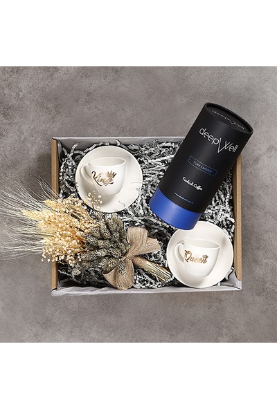 Deepwell Sevgiliye Özel Yaldızlı King Queen 2 Li Fincan Takımı Türk Kahvesi Seti