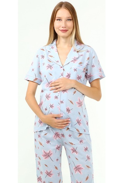 Likapa Penye Önden Düğmeli Hamile Lohusa Kısa Kol Pijama Takımı
