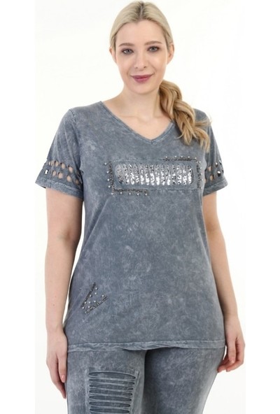 Moda Astro V Yaka Gri Pullu Tshirt