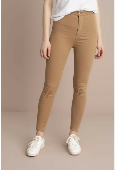 Nacar Çarşı Kadın Dar Paça Likralı Okul Keten Camel Pantolon