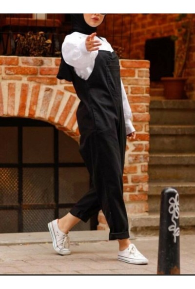 Nacar Çarşı Kadın Hamile Siyah Rahat Kalıp Kot Tulum